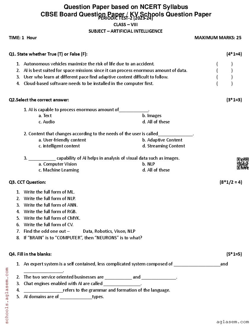 Class 8 PT 2 Question Paper Artificial Intelligence 2023-24 | Download ...