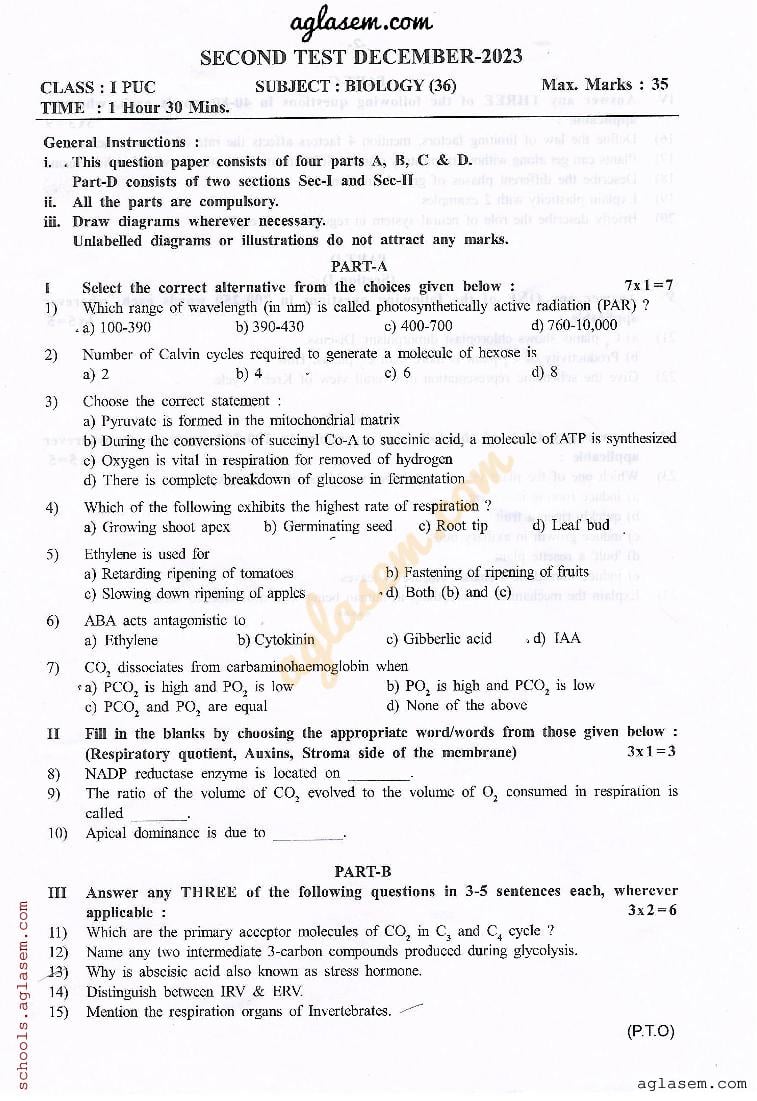 Karnataka 1st PUC Second Test Question Paper 2023-24 Biology - Download ...
