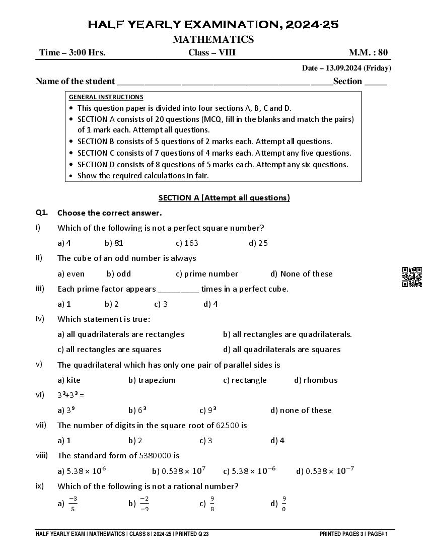 Class 8 Maths Half Yearly Question Paper 2025 | Download 8th Half ...