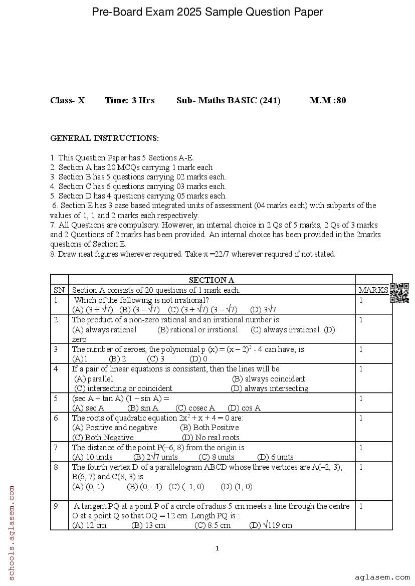 Class 10 Maths Basic Pre Board Sample Paper 2025 | Download Pre-Board Model Paper PDF - AglaSem
