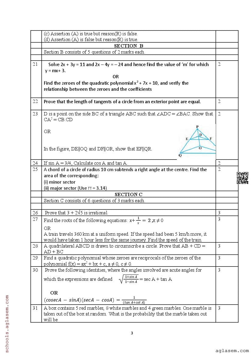 Class 10 Maths Basic Pre Board Sample Paper 2025 | Download Pre-Board Model Paper PDF - AglaSem