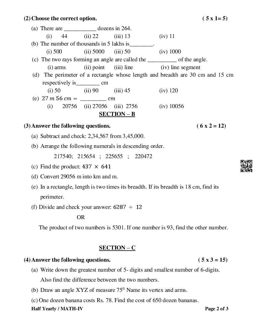 Class 4 Maths Half Yearly Question Paper 2024 | Download 4th Half ...