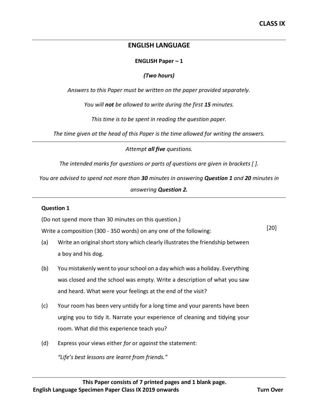 ICSE Class 9 Specimen Paper For English Paper 1 