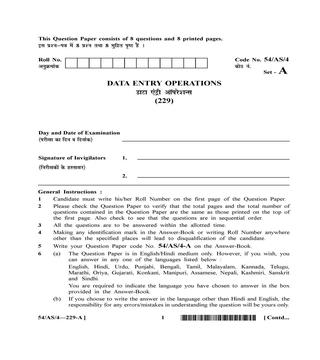 NIOS Class 10 Question Paper Apr 2017 - Data Entry Operations