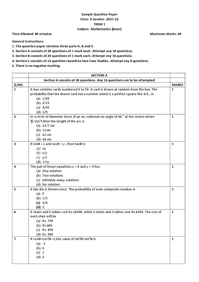 CBSE Class 10 Sample Paper 2022 For Maths Basic Term 1