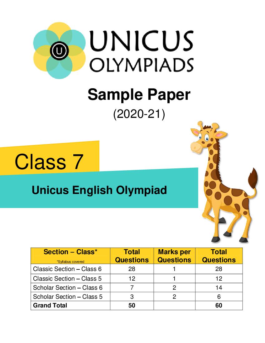 Unicus English Olympiad (UEO) Class 7 Sample Paper