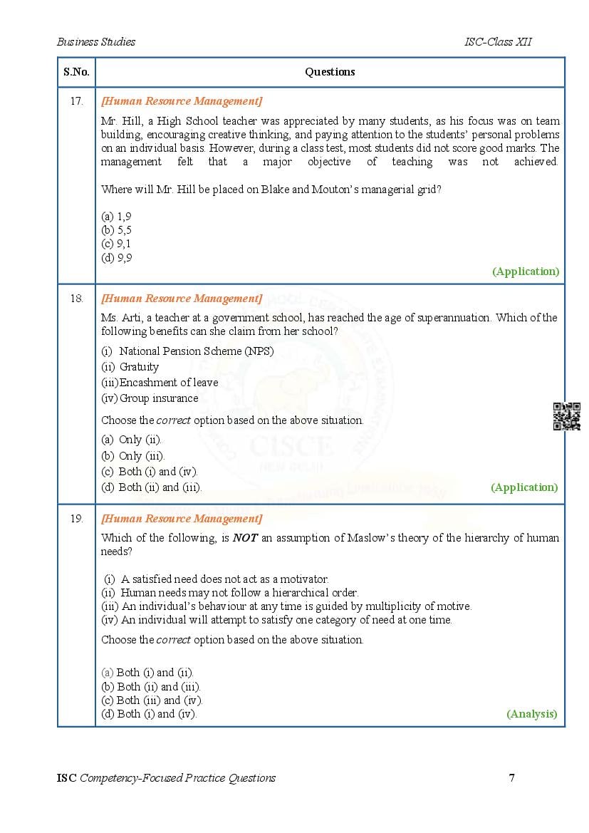 ISC Competency Based Questions Business Studies | Class 12 Competency ...