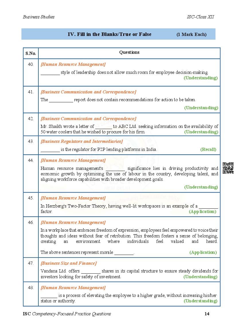ISC Competency Based Questions Business Studies | Class 12 Competency ...