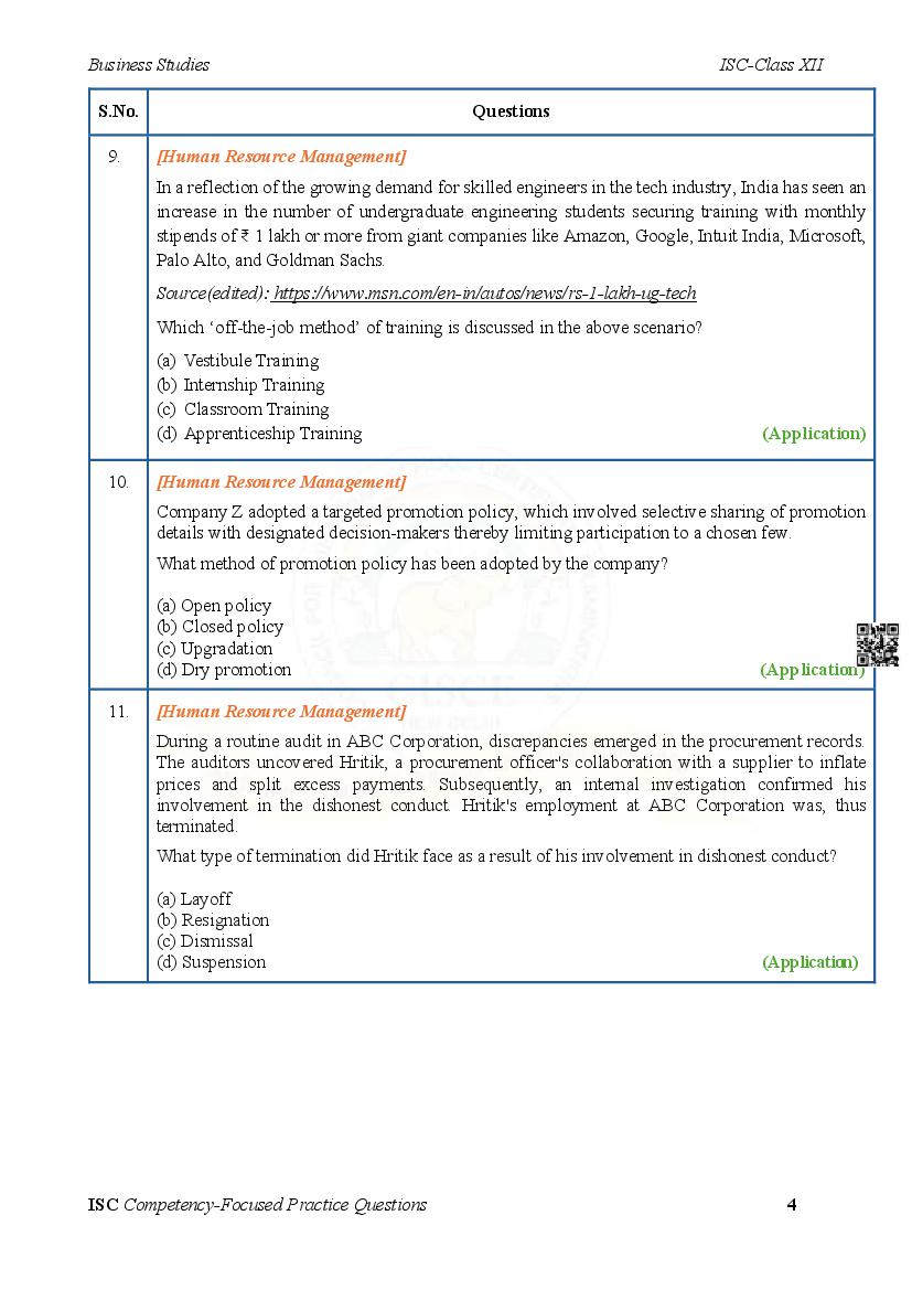 ISC Competency Based Questions Business Studies | Class 12 Competency ...