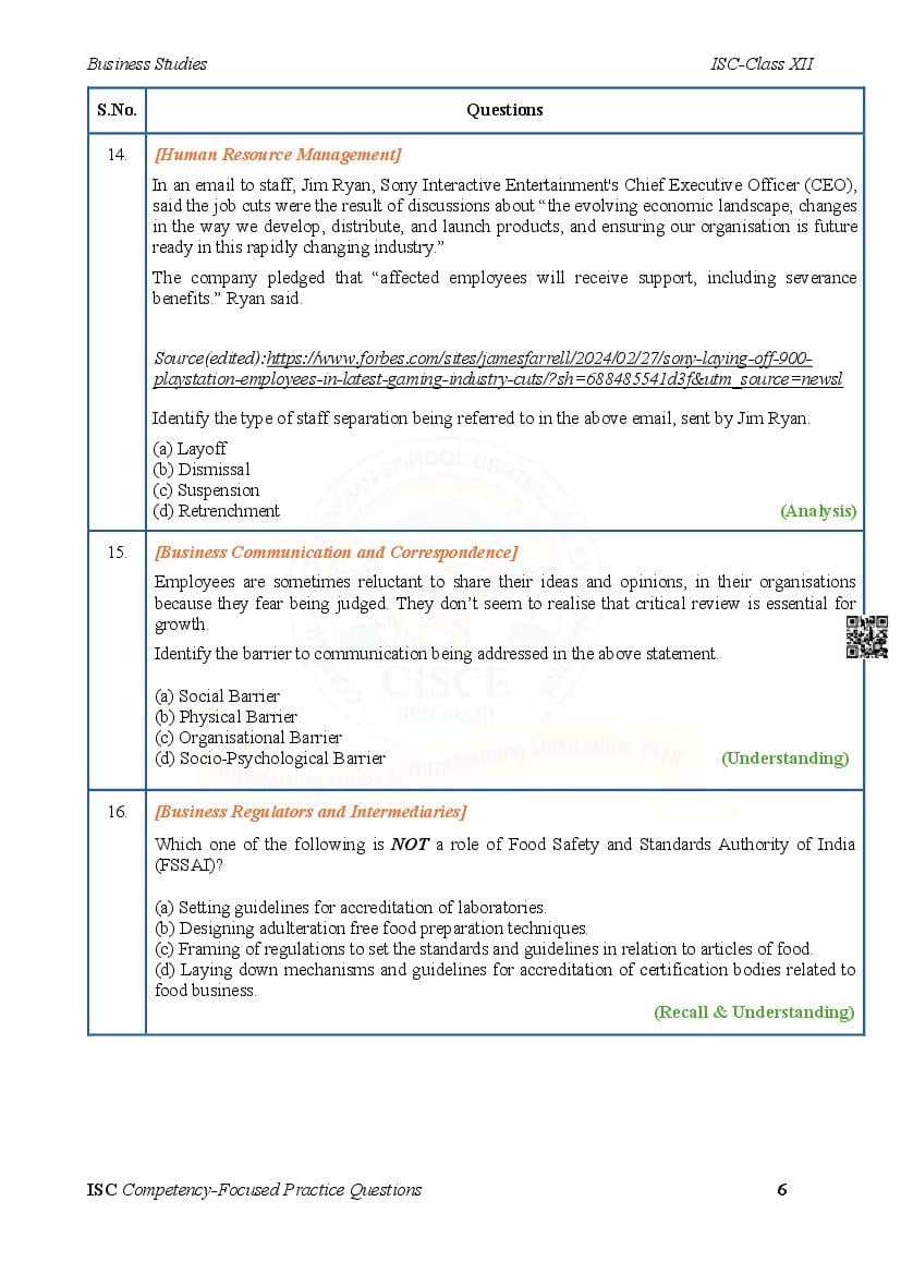 ISC Competency Based Questions Business Studies | Class 12 Competency ...