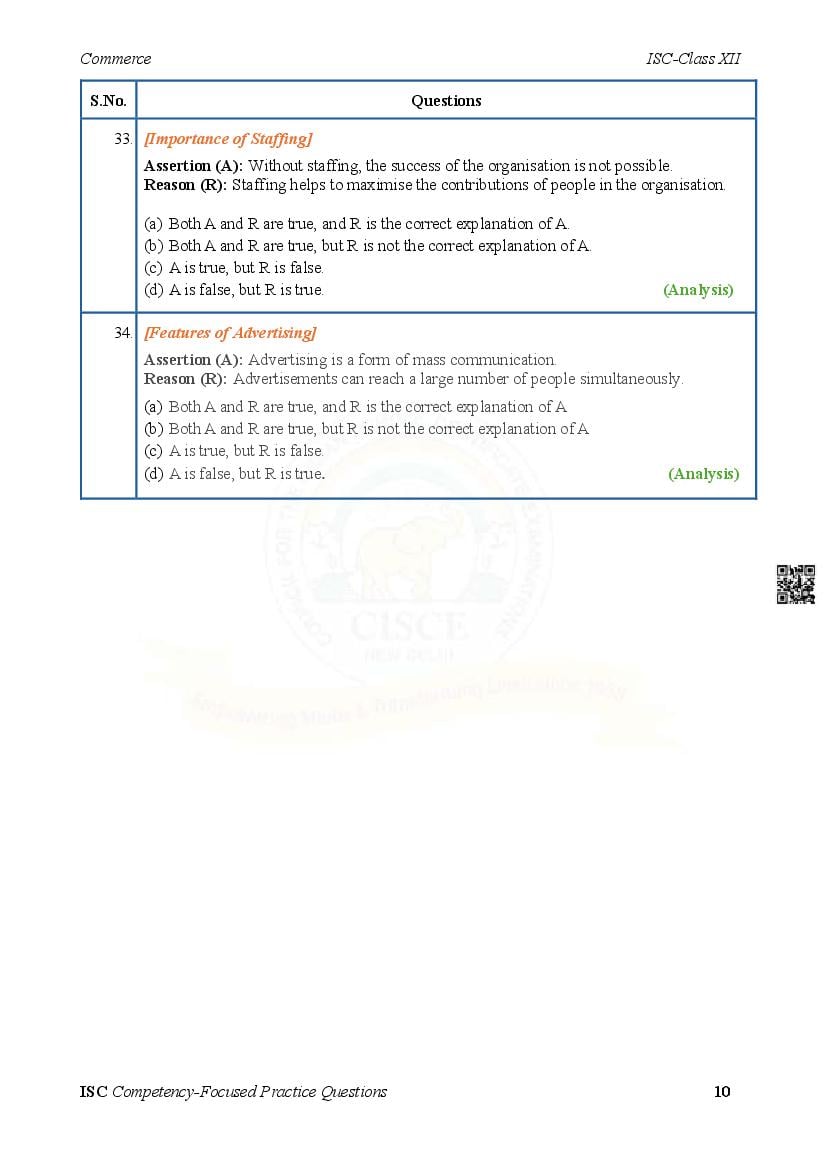 ISC Competency Based Questions Commerce | Class 12 Competency Practice ...
