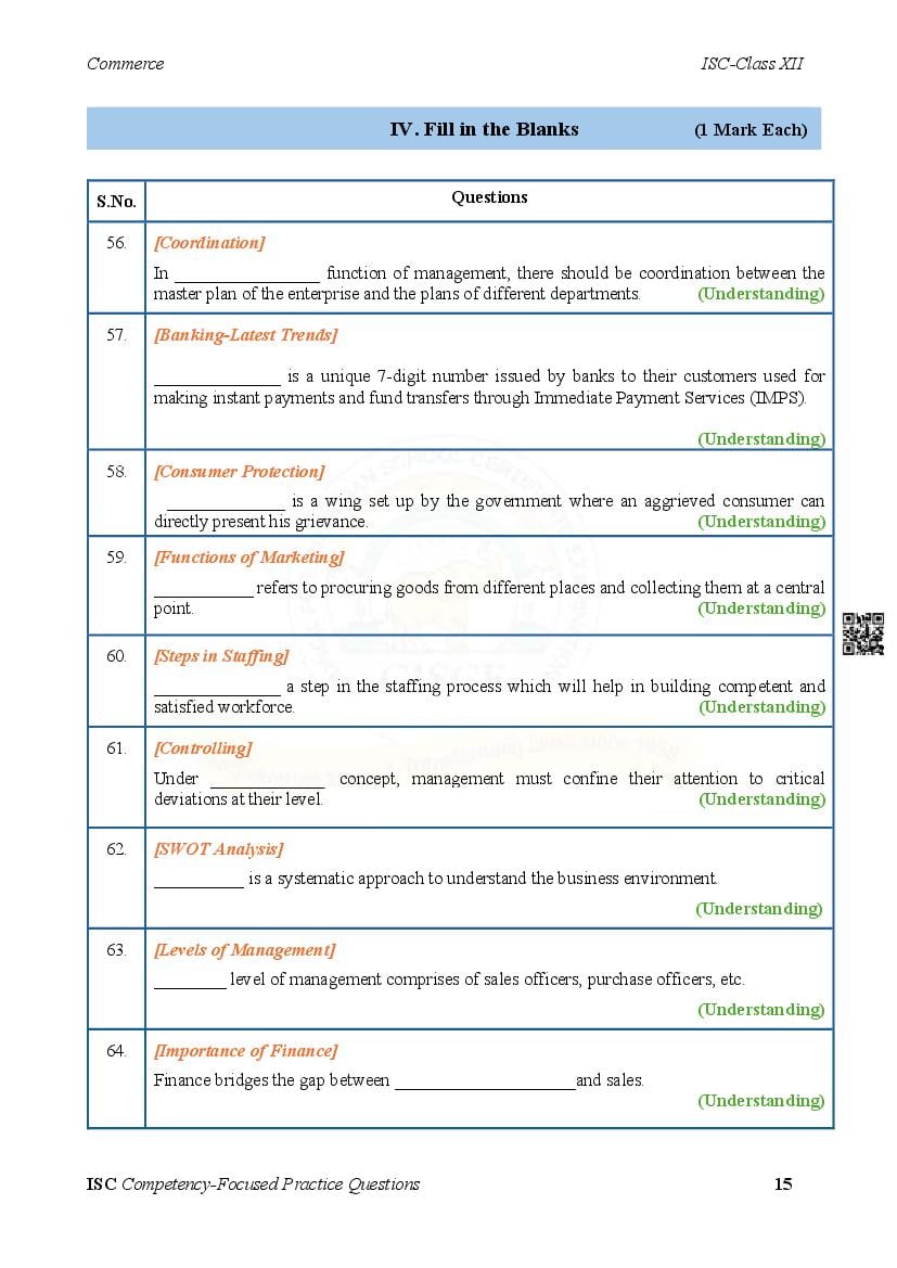 ISC Competency Based Questions Commerce | Class 12 Competency Practice ...