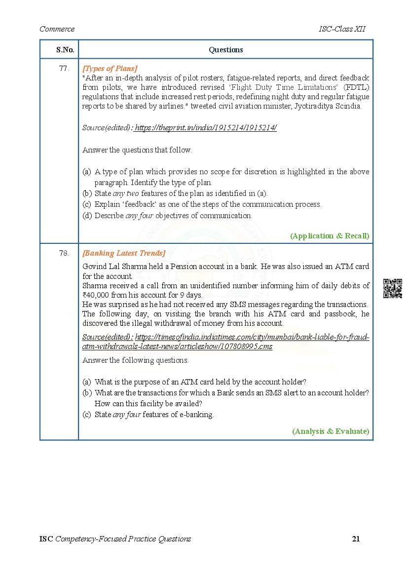 ISC Competency Based Questions Commerce | Class 12 Competency Practice ...