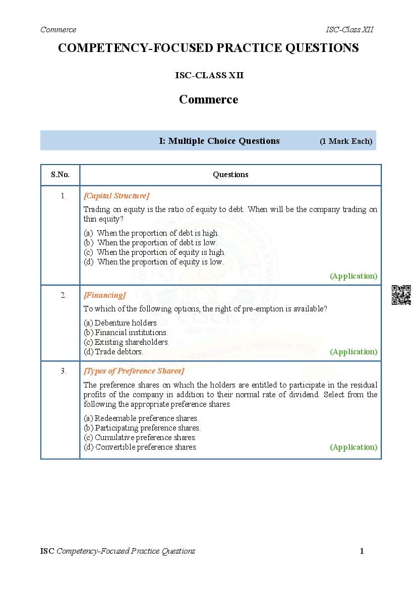ISC Competency Based Questions Commerce | Class 12 Competency Practice ...
