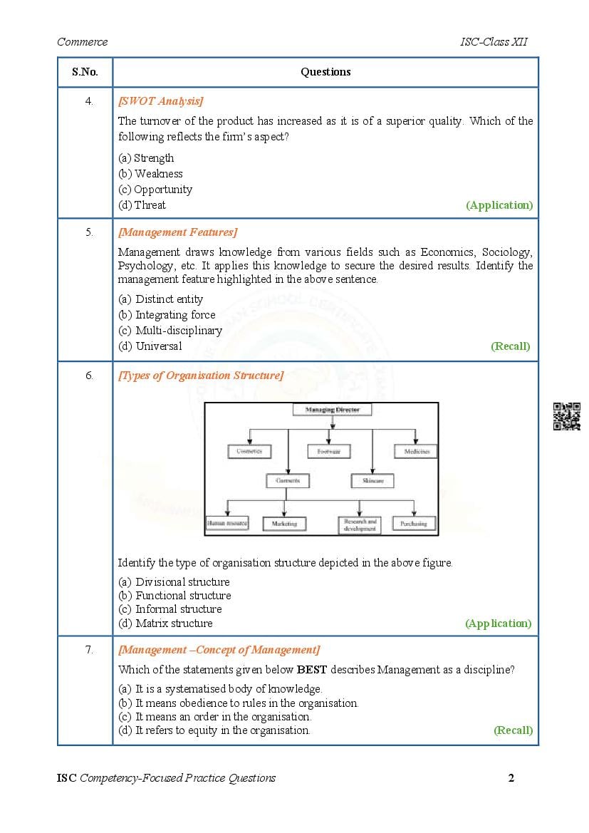 ISC Competency Based Questions Commerce | Class 12 Competency Practice ...