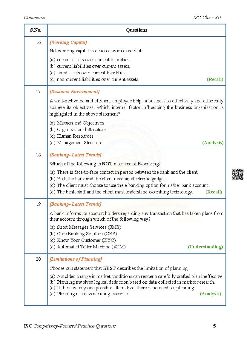 ISC Competency Based Questions Commerce | Class 12 Competency Practice ...