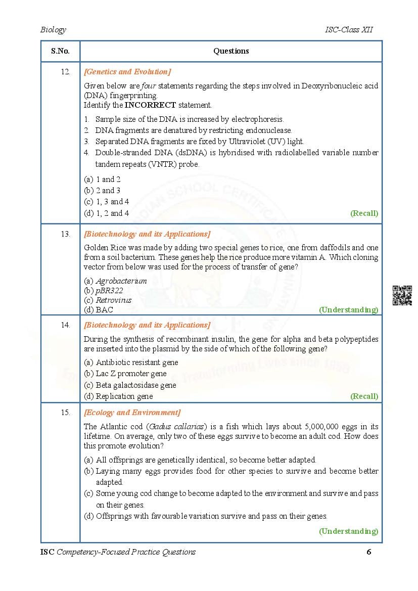 ISC Competency Based Questions Biology | Class 12 Competency Practice ...