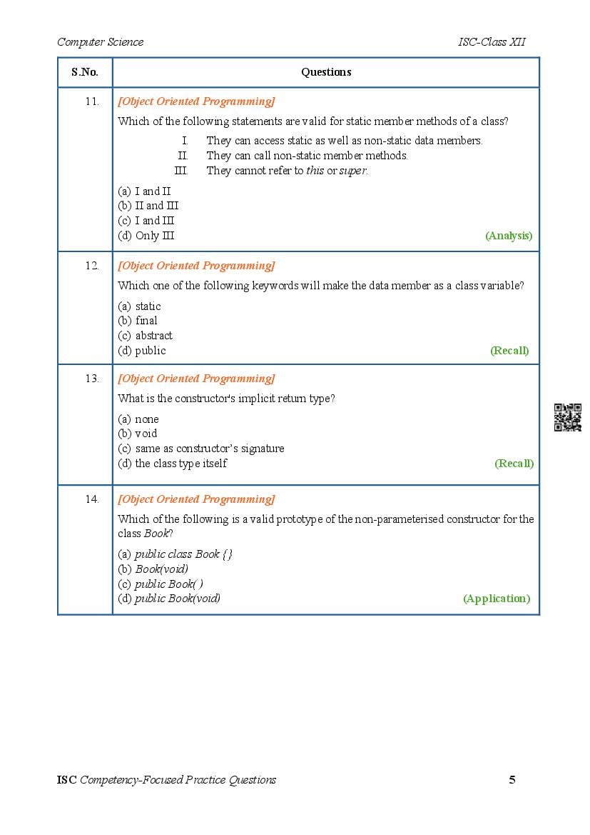 ISC Competency Based Questions Computer Science | Class 12 Competency Practice Questions - AglaSem