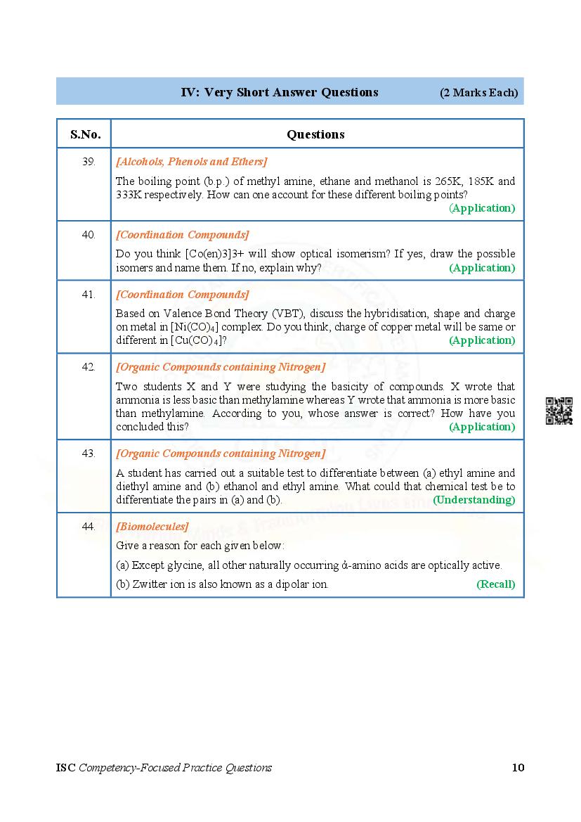 ISC Competency Based Questions Chemistry | Class 12 Competency Practice ...
