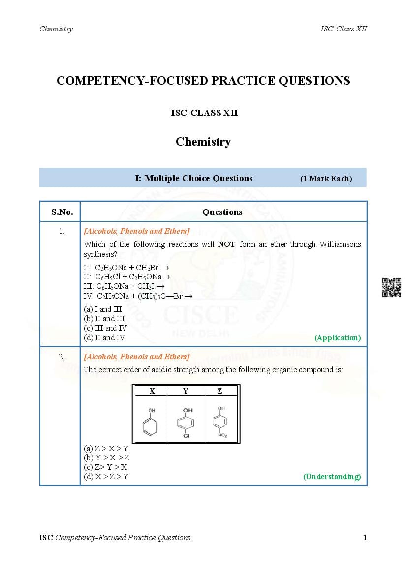 ISC Competency Based Questions Chemistry | Class 12 Competency Practice ...