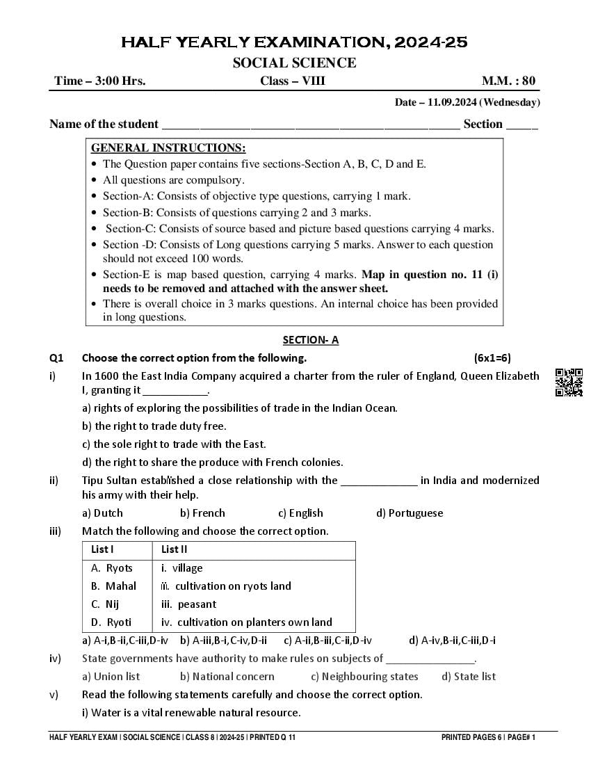 Class 8 Social Science Half Yearly Question Paper 2025 | Download 8th Half Yearly Social Science ...