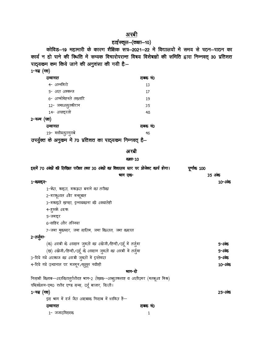 UP Board Class 10 Syllabus 2022 Arabic UP Board Class 10 Syllabus 2022 Arabic