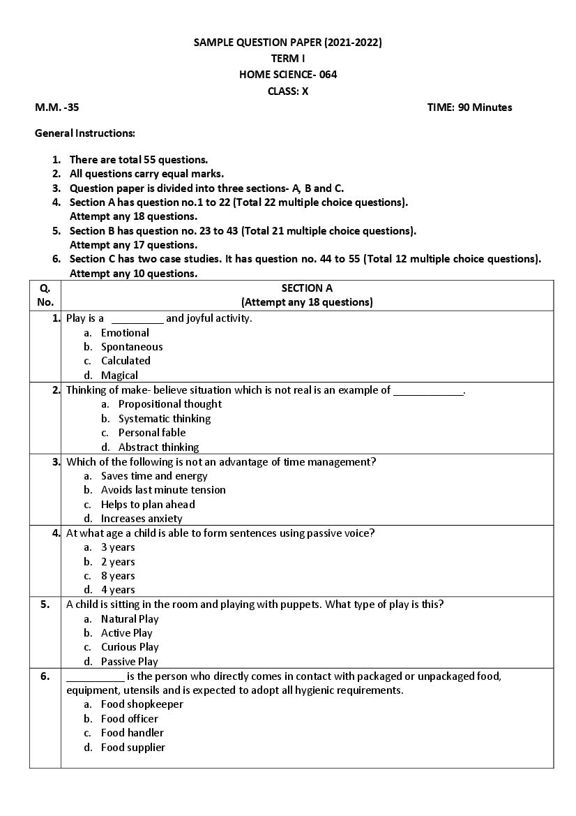 CBSE Class 10 Sample Paper 2022 For Home Science Term 1