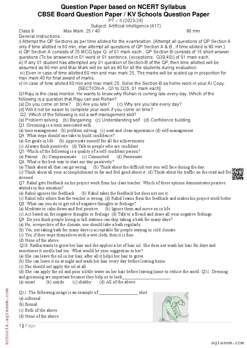 Class 9 PT 2 Question Paper Artificial Intelligence 2023-24 | Download ...