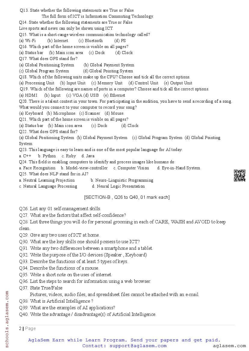 Class 9 PT 2 Question Paper Artificial Intelligence 2023-24 | Download ...