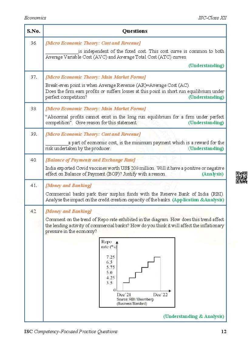 ISC Competency Based Questions Economics | Class 12 Competency Practice ...