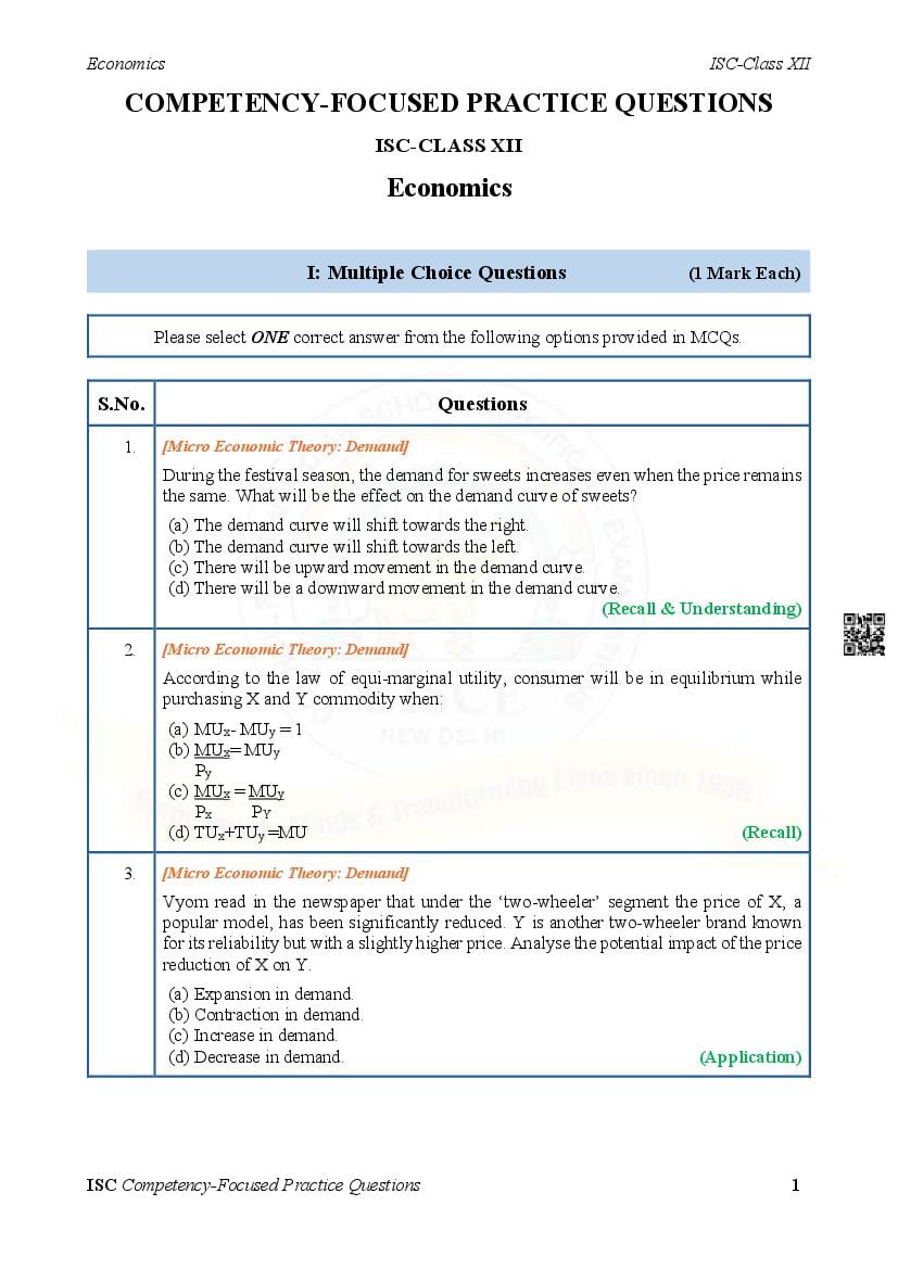 ISC Competency Based Questions Economics | Class 12 Competency Practice ...