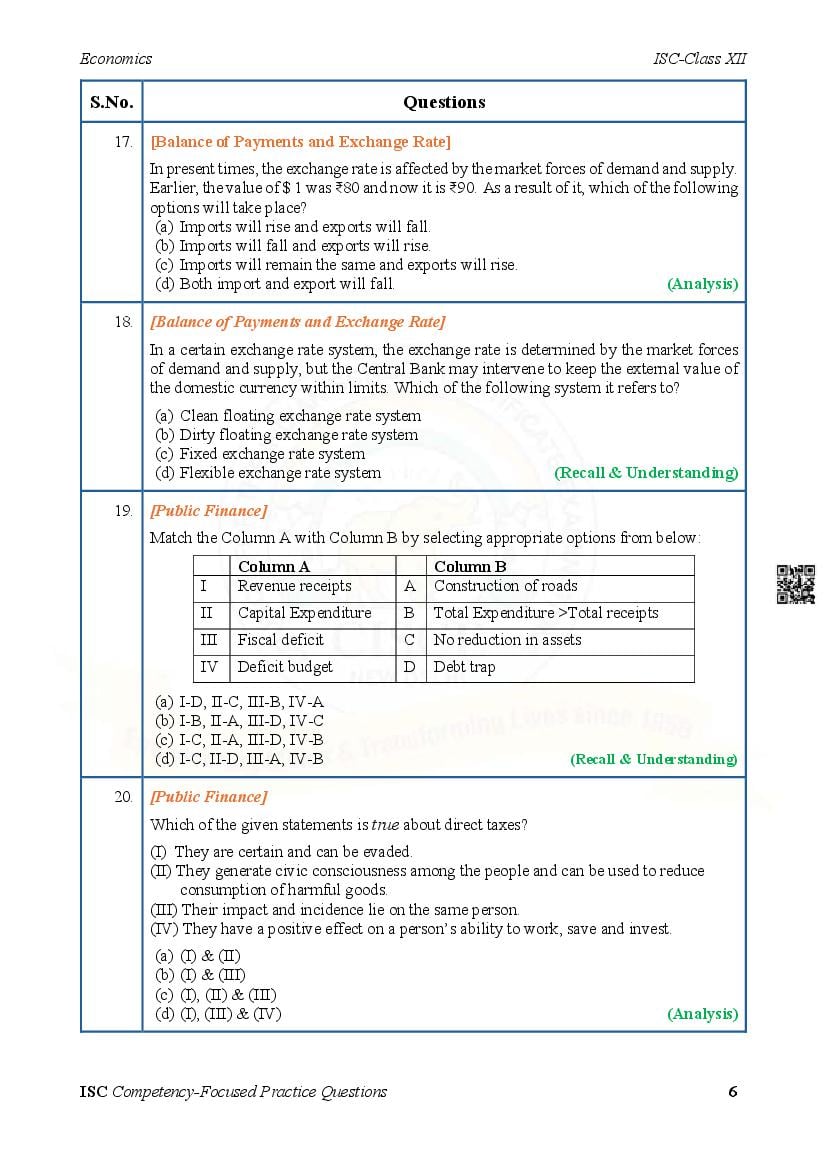 ISC Competency Based Questions Economics | Class 12 Competency Practice Questions - AglaSem