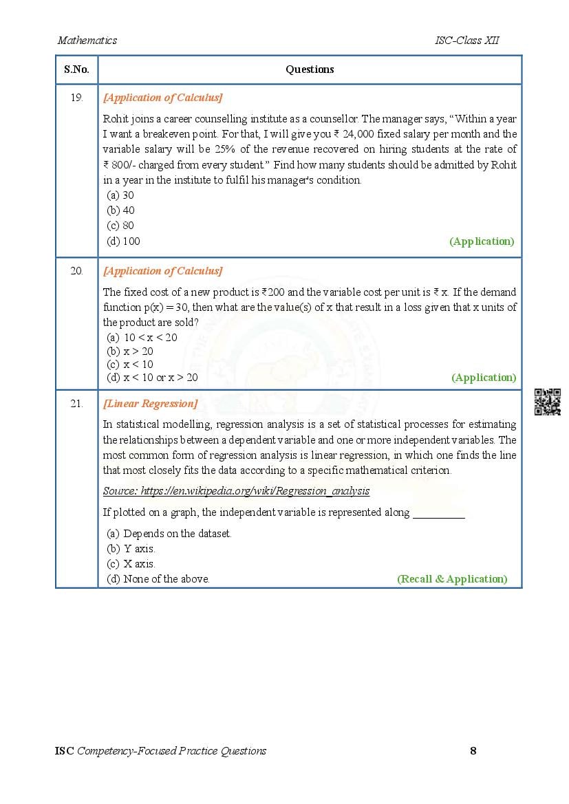 ISC Competency Based Questions Mathematics | Class 12 Competency ...