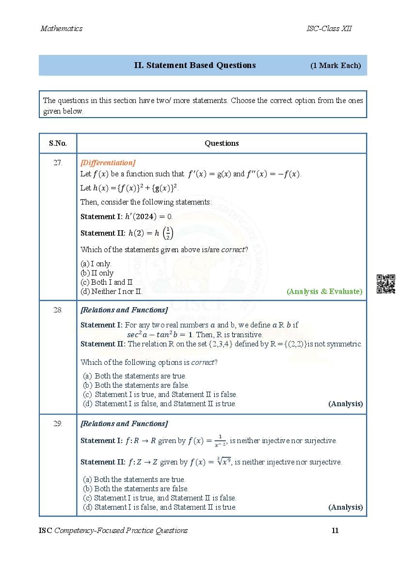 ISC Competency Based Questions Mathematics | Class 12 Competency ...