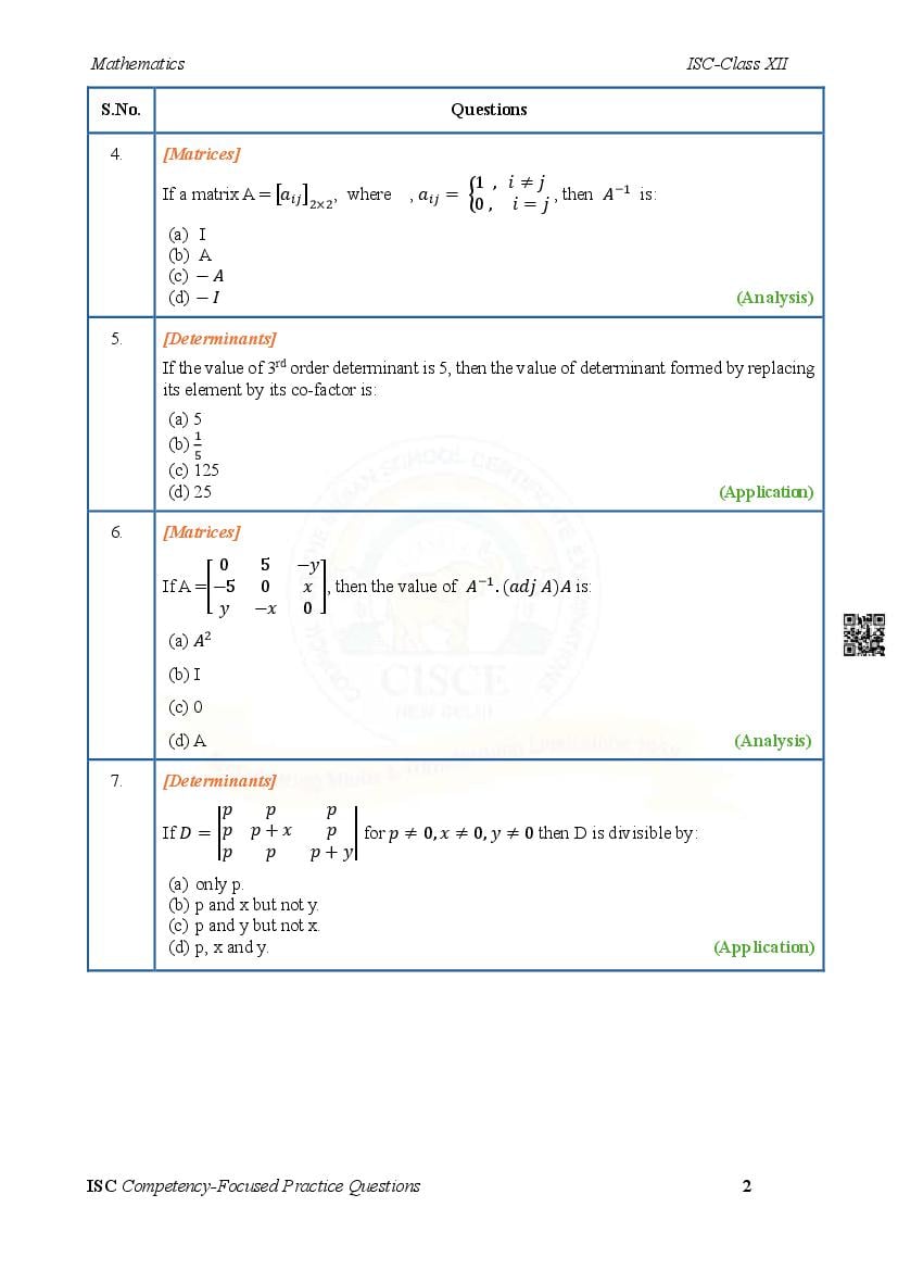 ISC Competency Based Questions Mathematics | Class 12 Competency Practice Questions - AglaSem