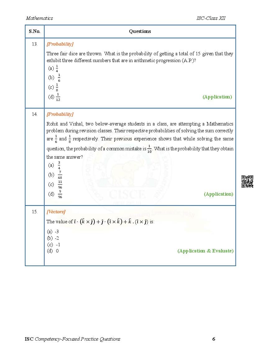 ISC Competency Based Questions Mathematics | Class 12 Competency Practice Questions - AglaSem