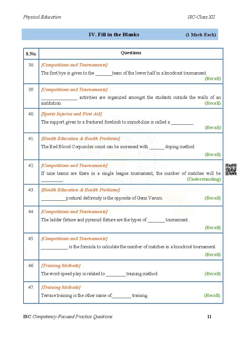 ISC Competency Based Questions Physical Education | Class 12 Competency ...