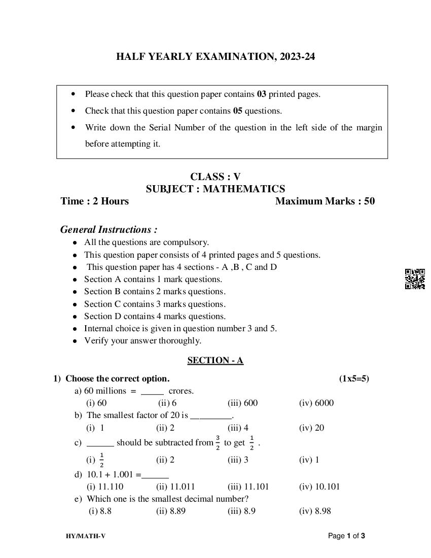 Class 5 Maths Half Yearly Question Paper 2024 Download 5th Half Class 5 Maths Half Yearly Question Paper 2024 Download 5th Half