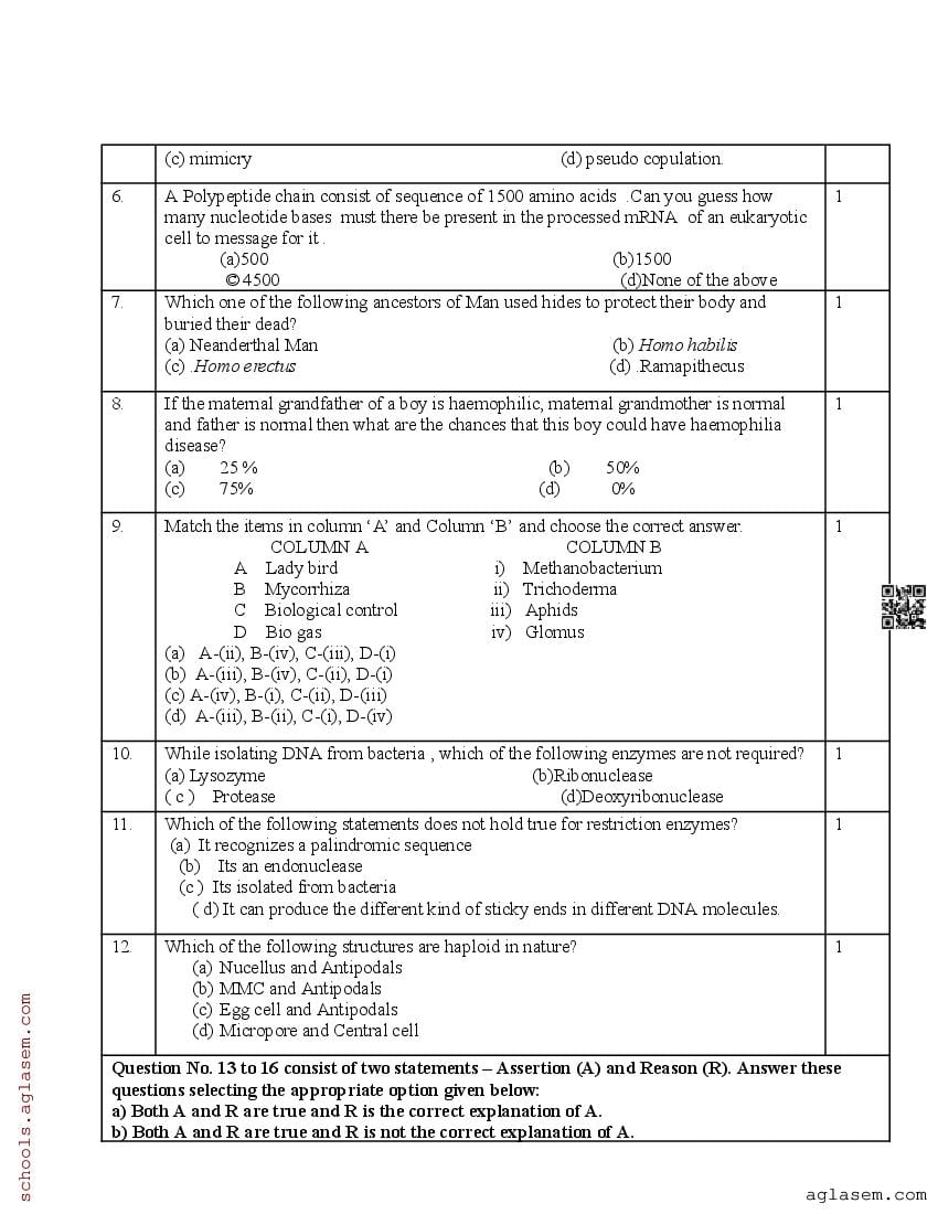 Class 12 Biology Pre Board Sample Paper 2025 | Download Pre-Board Model ...