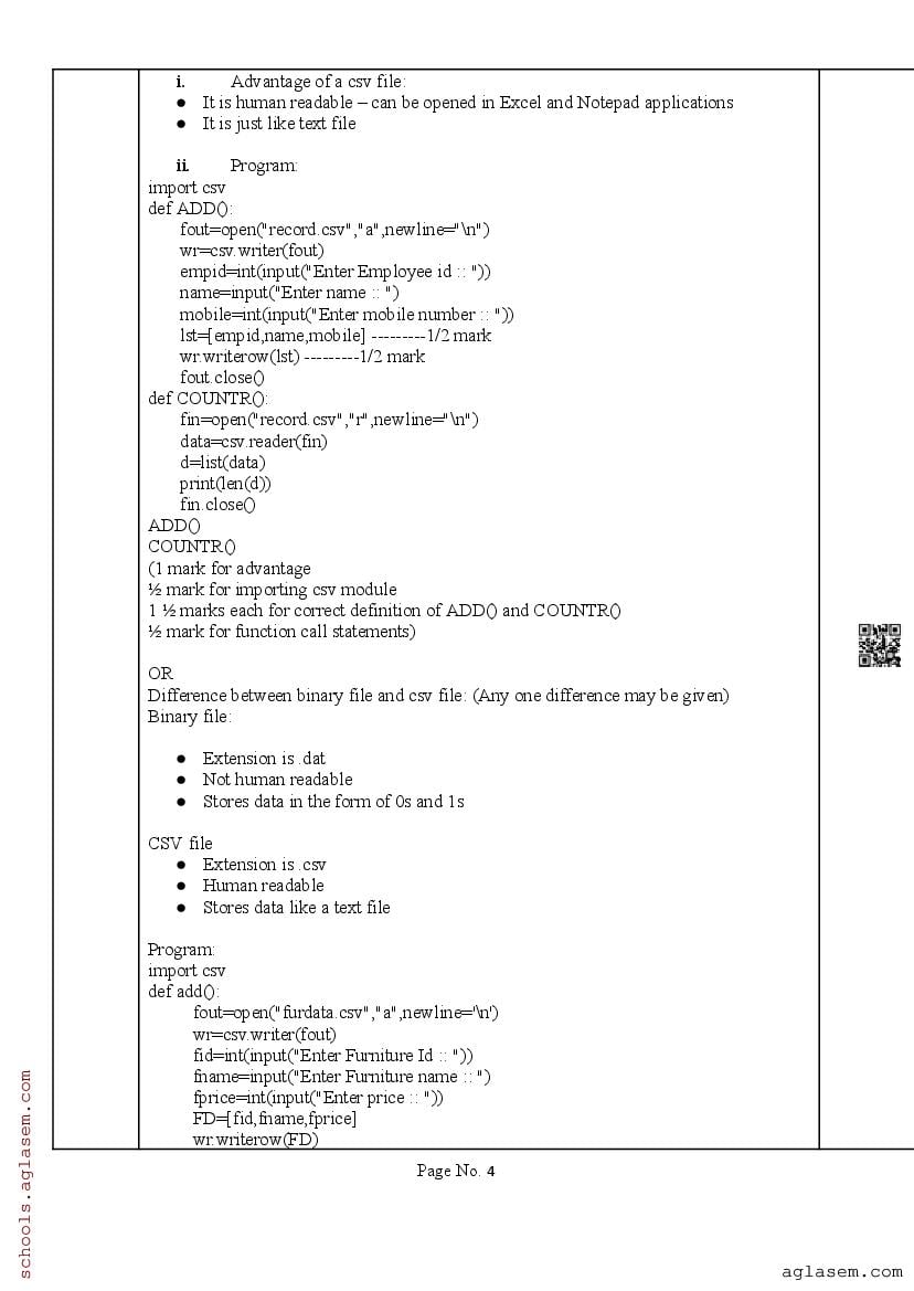 Class 12 Computer Science Pre Board Sample Paper 2025 | Download Pre-Board Model Paper PDF - AglaSem