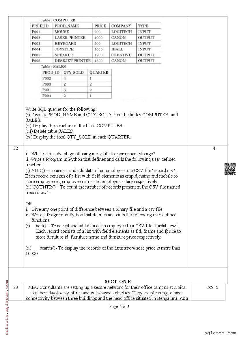 Class 12 Computer Science Pre Board Sample Paper 2025 | Download Pre ...