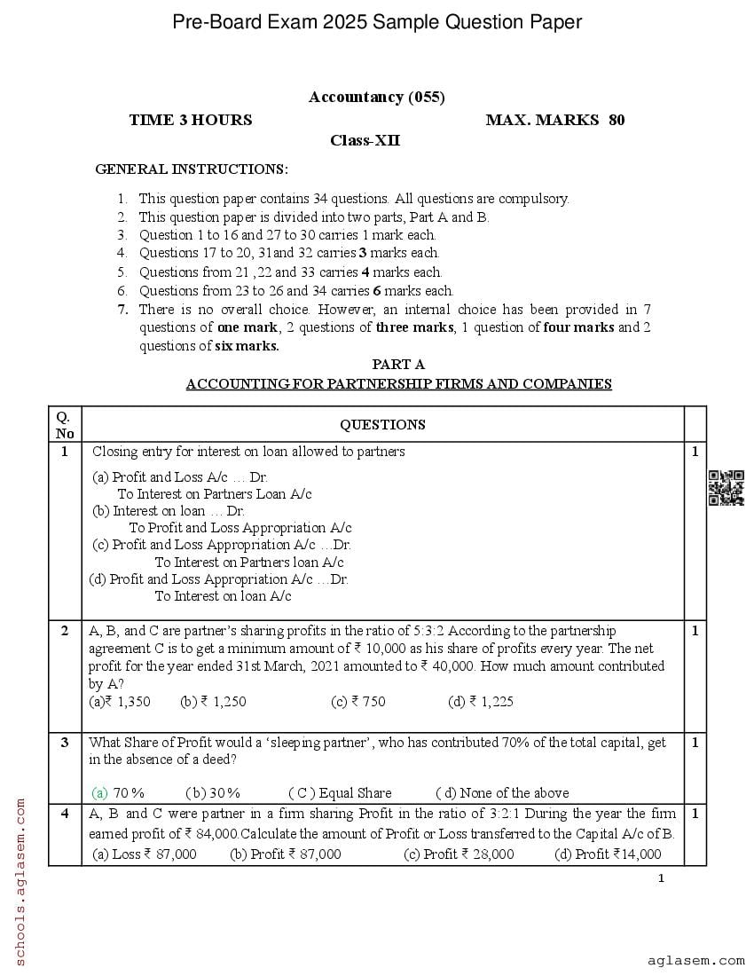 Class 12 Accountancy Pre Board Sample Paper 2025 | Download Pre-Board Model Paper PDF - AglaSem
