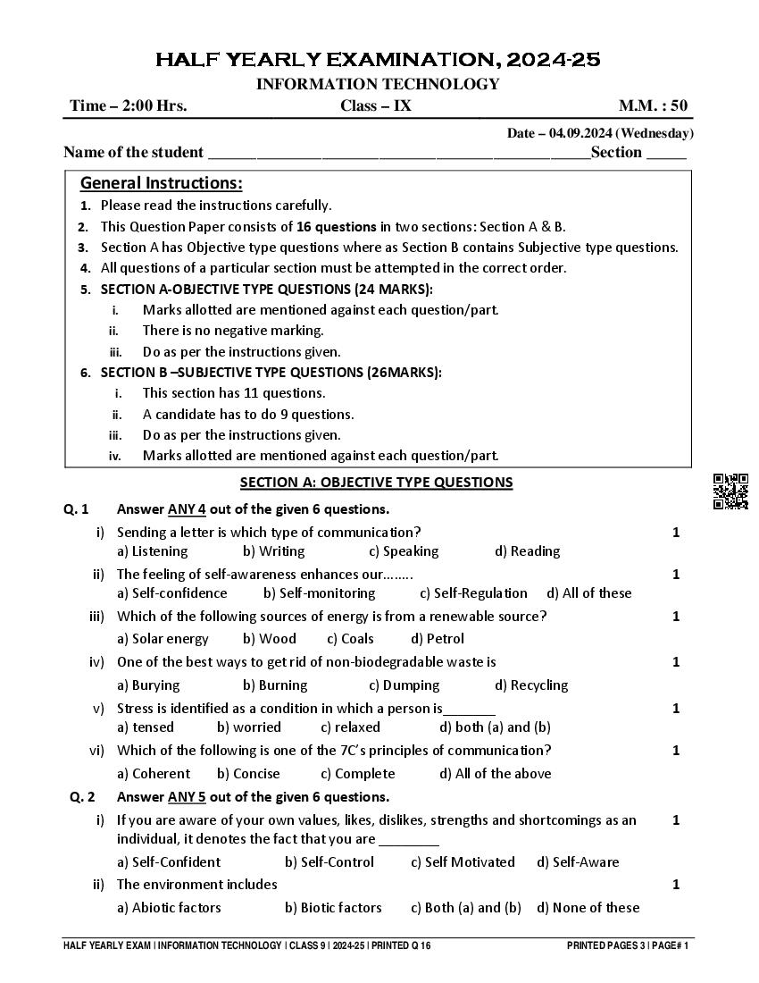 Class 9 Information Technology Half Yearly Question Paper 2025 ...