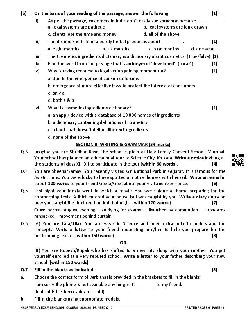 Class 9 English Half Yearly Question Paper 2025 | Download 9th Half ...