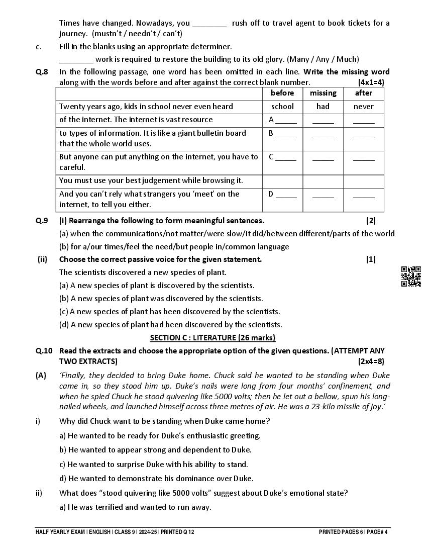 Class 9 English Half Yearly Question Paper 2025 | Download 9th Half ...