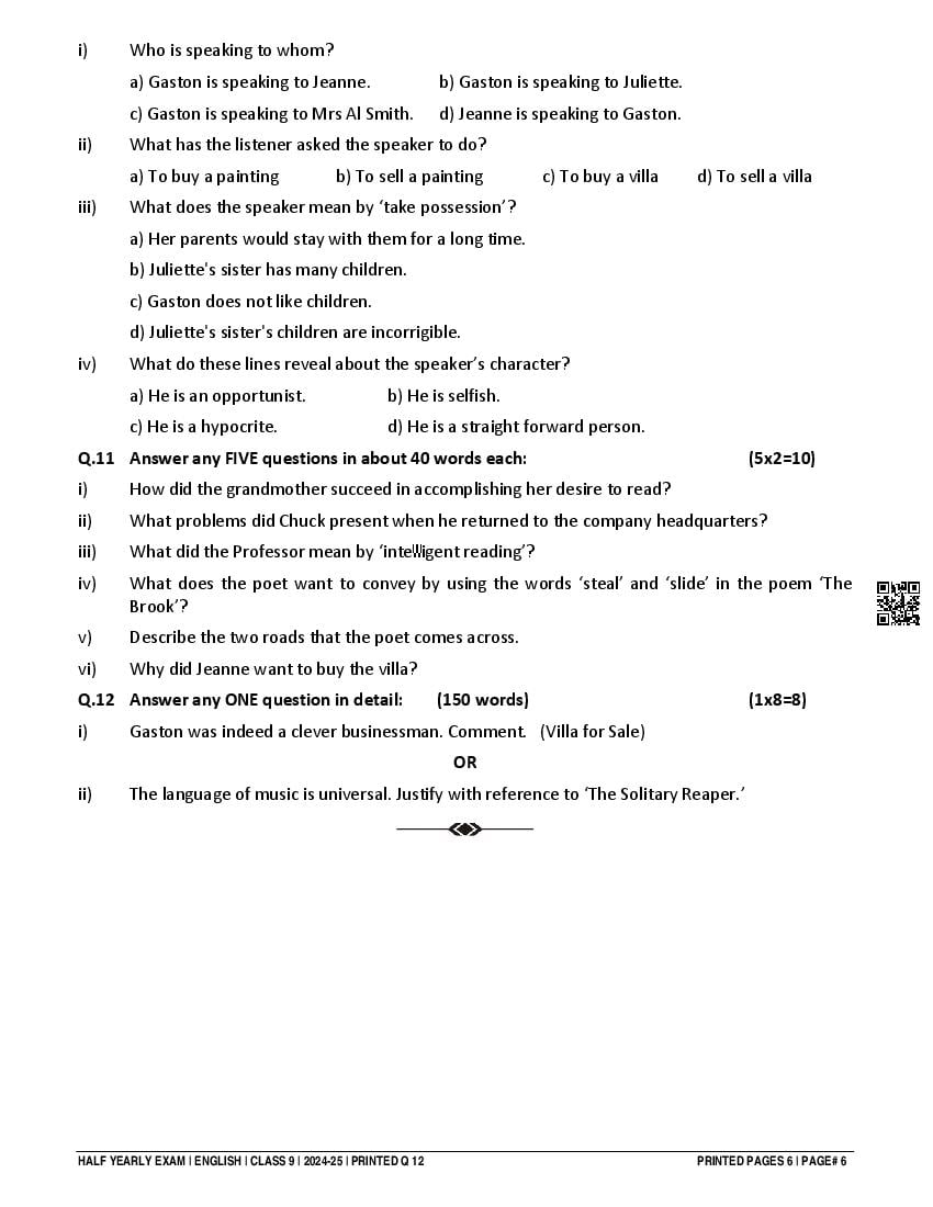 Class 9 English Half Yearly Question Paper 2025 | Download 9th Half ...