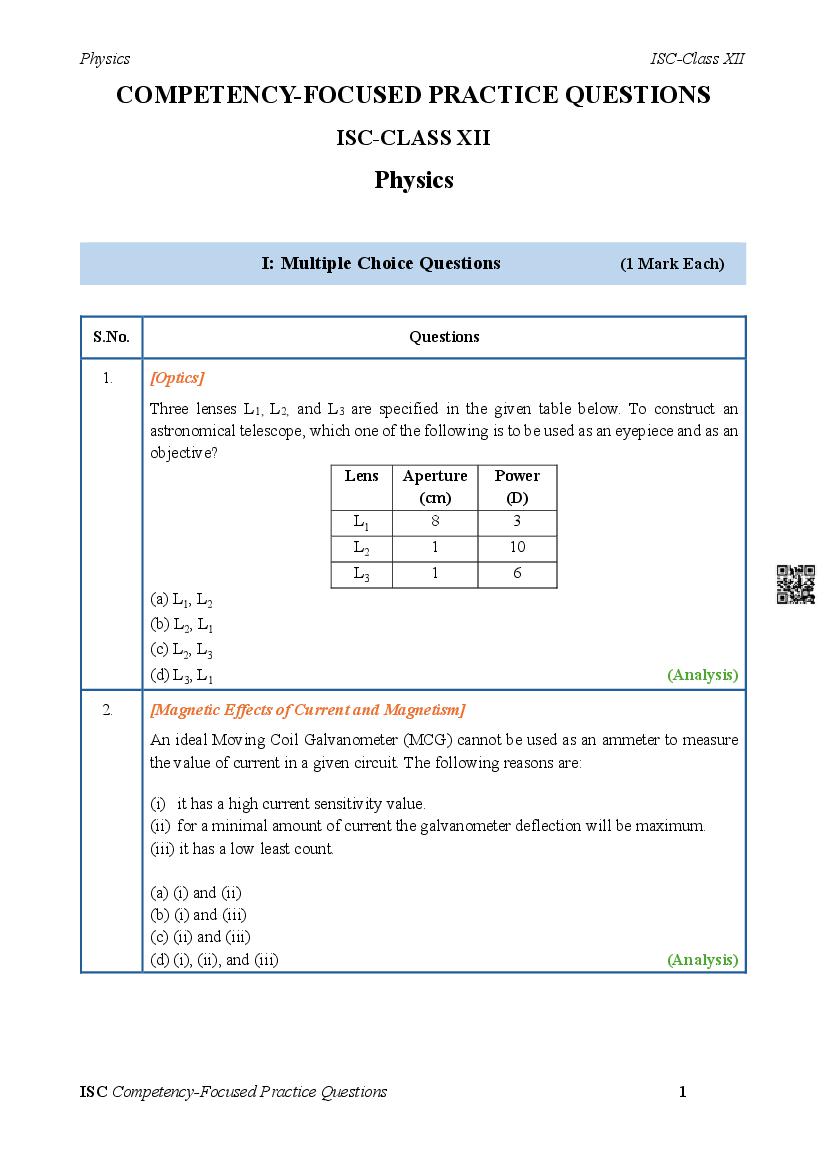 ISC Competency Based Questions Physics | Class 12 Competency Practice ...