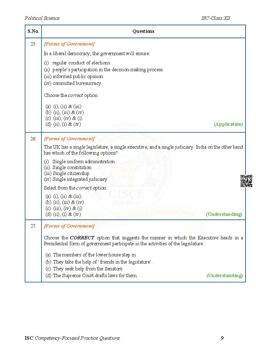 ISC Competency Based Questions Political Science | Class 12 Competency ...
