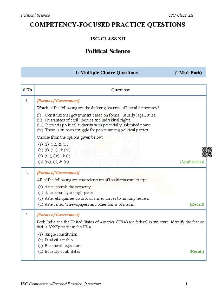 ISC Competency Based Questions Political Science | Class 12 Competency ...