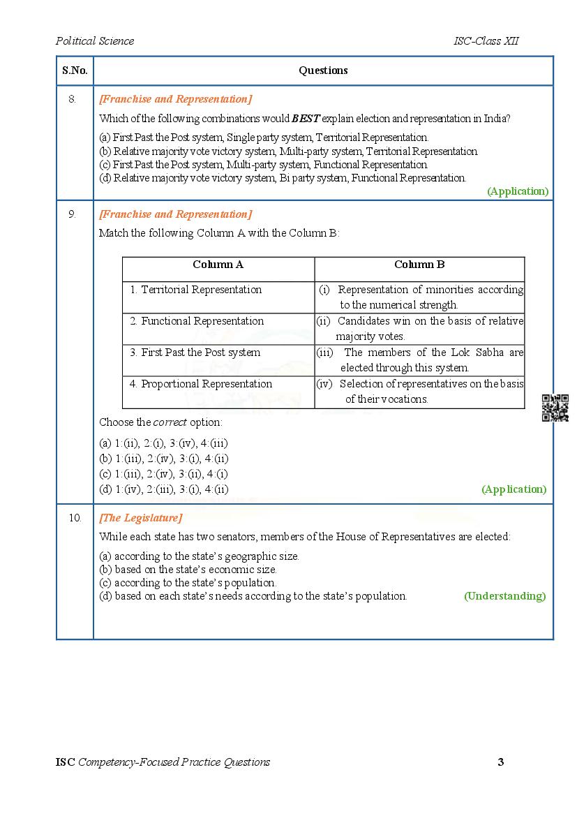 ISC Competency Based Questions Political Science | Class 12 Competency ...
